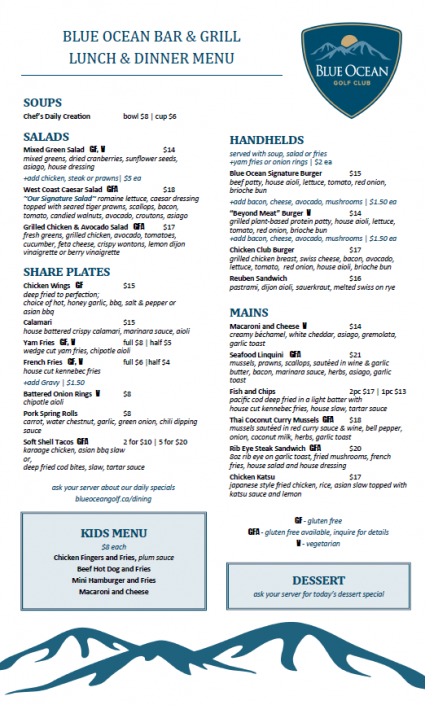 Full Menu image July 2020 | Blue Ocean Golf Club